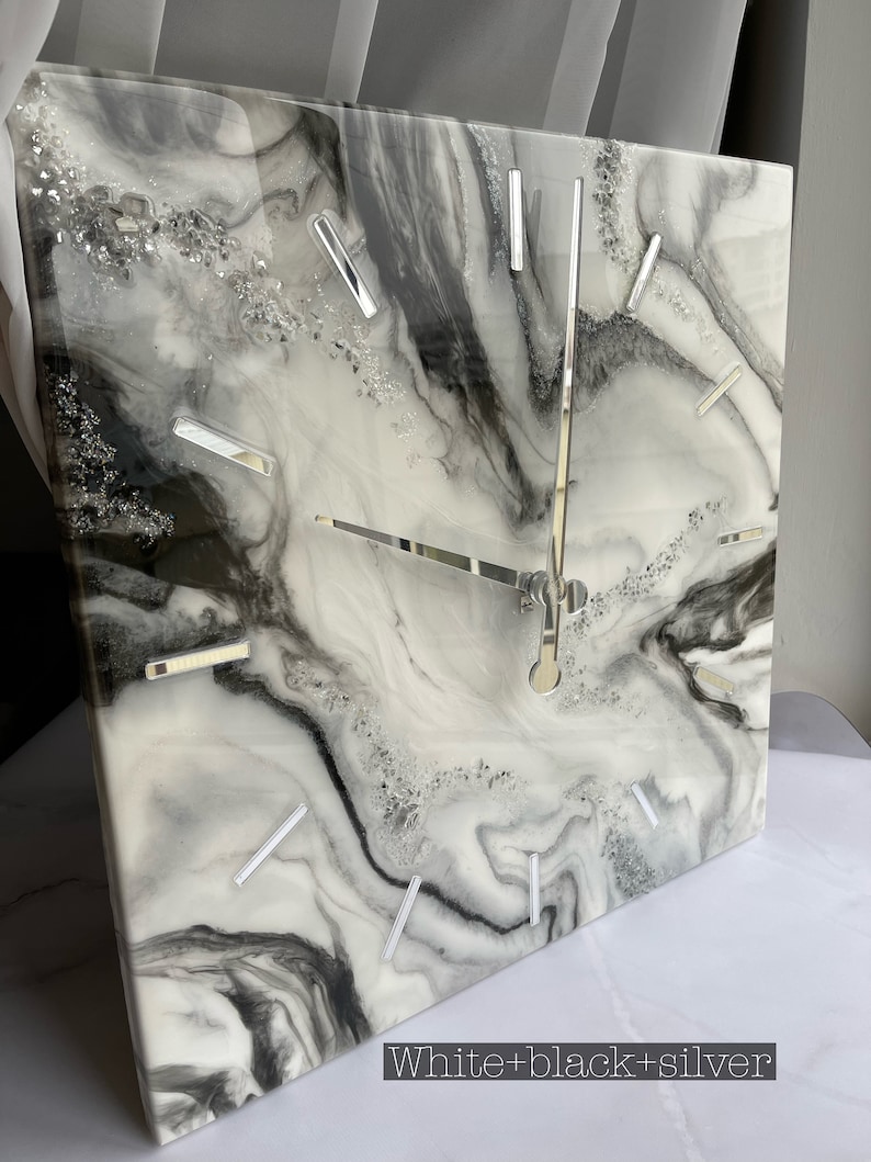 Resin Art Wall Square Clock Black and White Wall Art With - Etsy