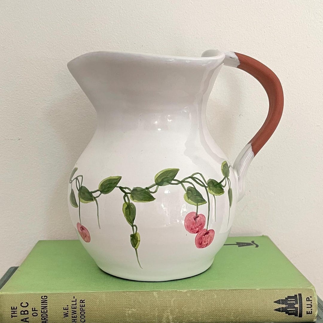 Studio Pottery Terracotta Jug or Pitcher White Glaze With Red Cherry ...