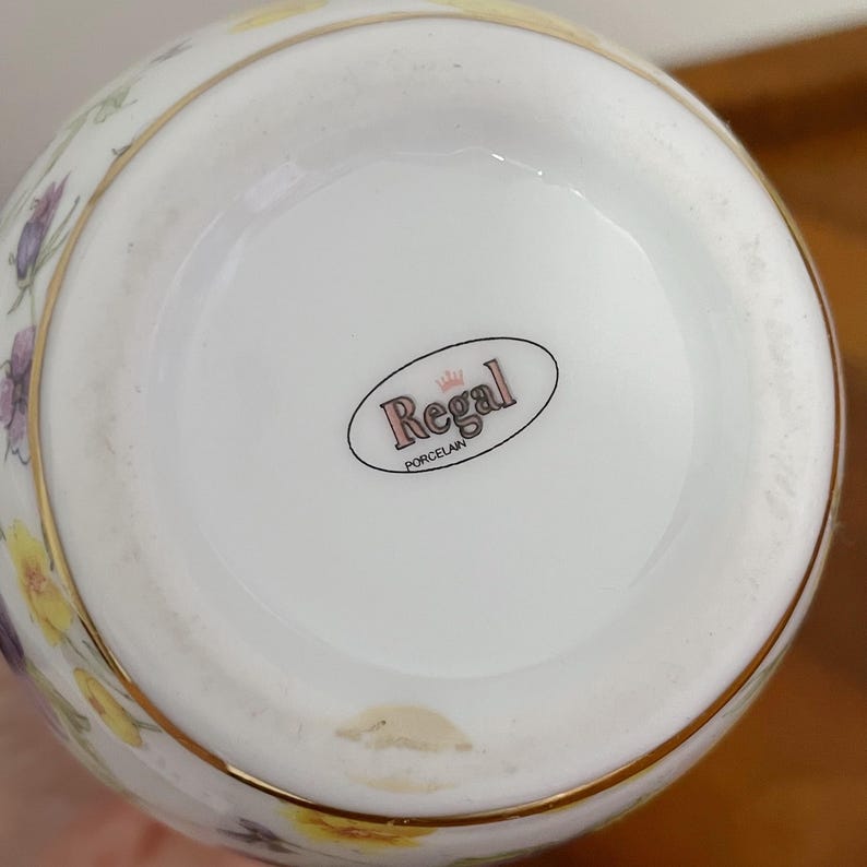 Vintage Regal Porcelain Spring Flowers Vase, Transfer Pattern of Yellow Buttercups and Purple ...