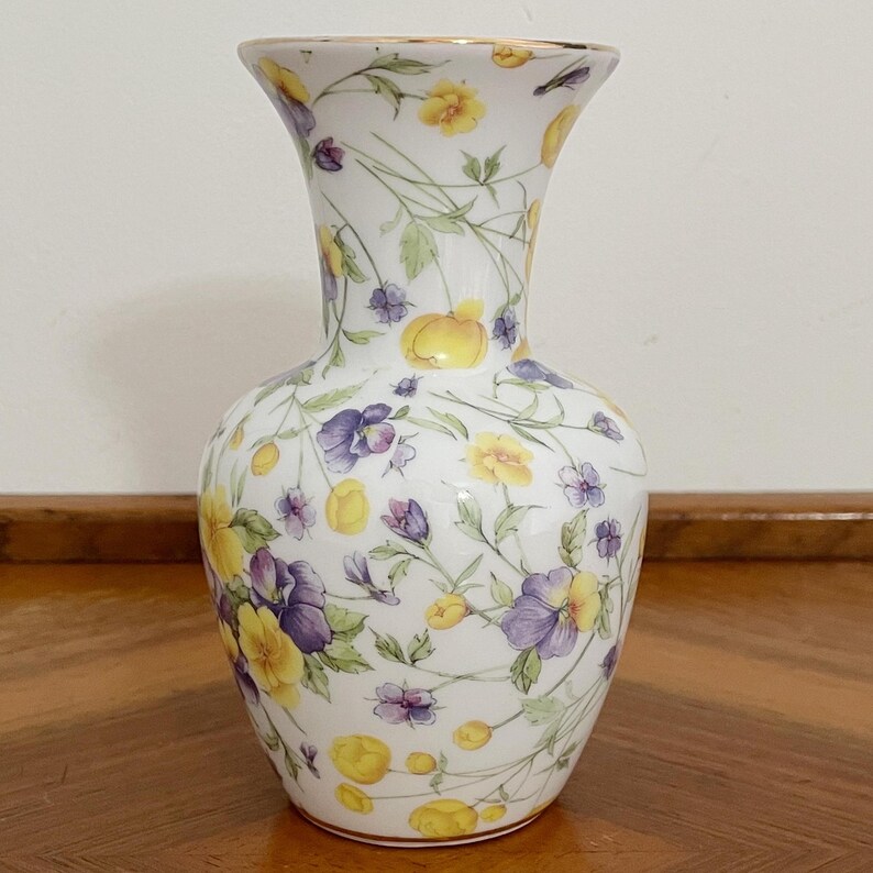 Vintage Regal Porcelain Spring Flowers Vase, Transfer Pattern of Yellow Buttercups and Purple ...