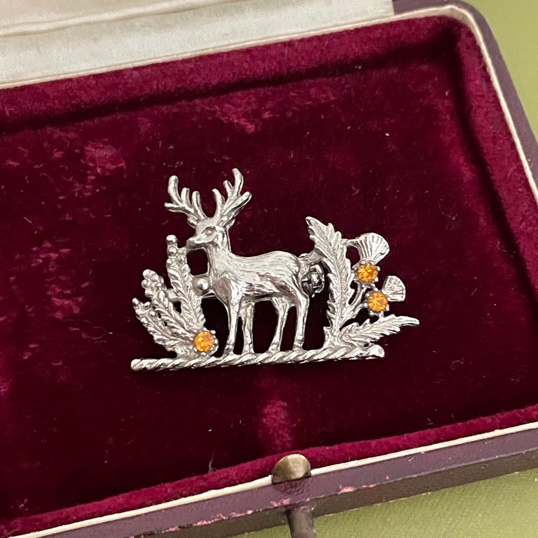 Vintage Stag Deer Brooch Pin, Scottish Thistle Heather and Stag Brooch ...
