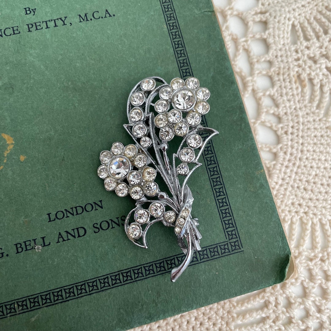 Vintage 1930s 1940s Style Brooch Pin Rhinestone Flower Floral Spray ...