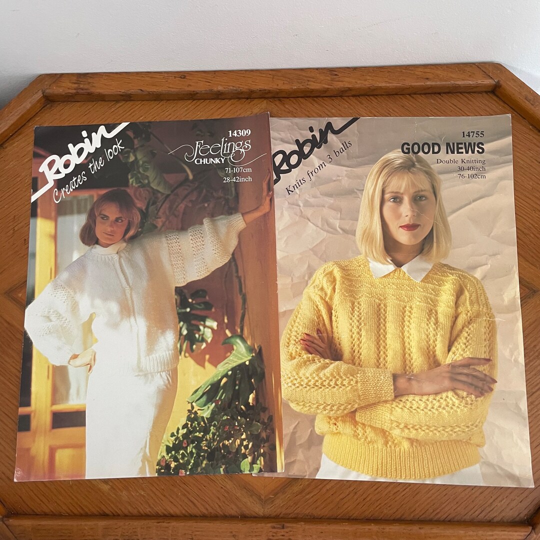 Vintage Robin Knitting Patterns X2 1980s, Vintage Jumper and Cardigan ...