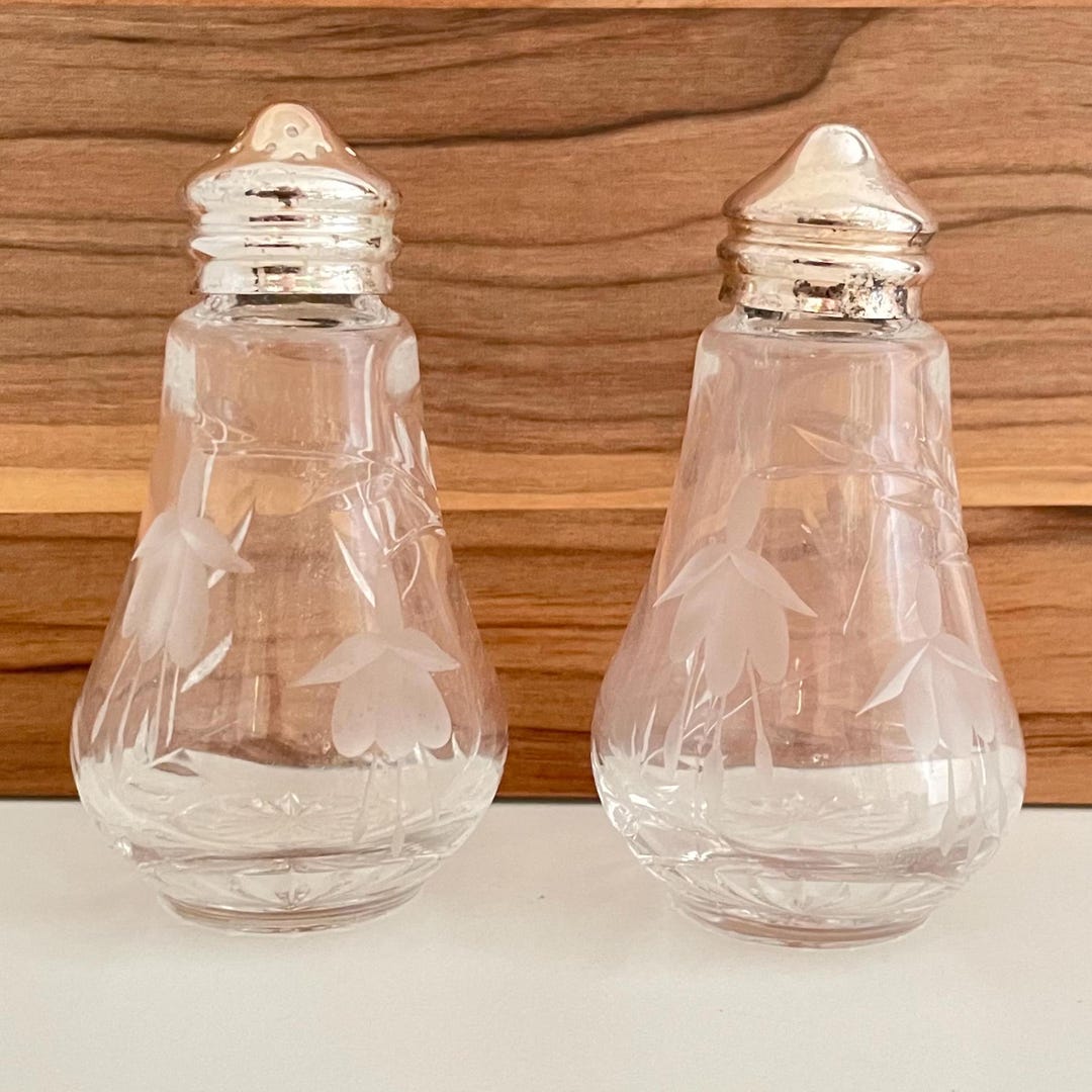 Vintage STUART Crystal Cascade Cruet Set With Etched Fuscia Flowers ...