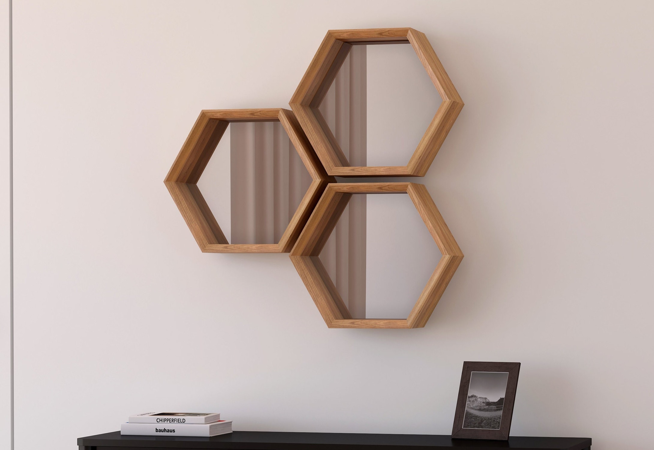 Hexagon Mirror Shelves, Oak, Honeycomb Mirror Wall Panels Glass ...