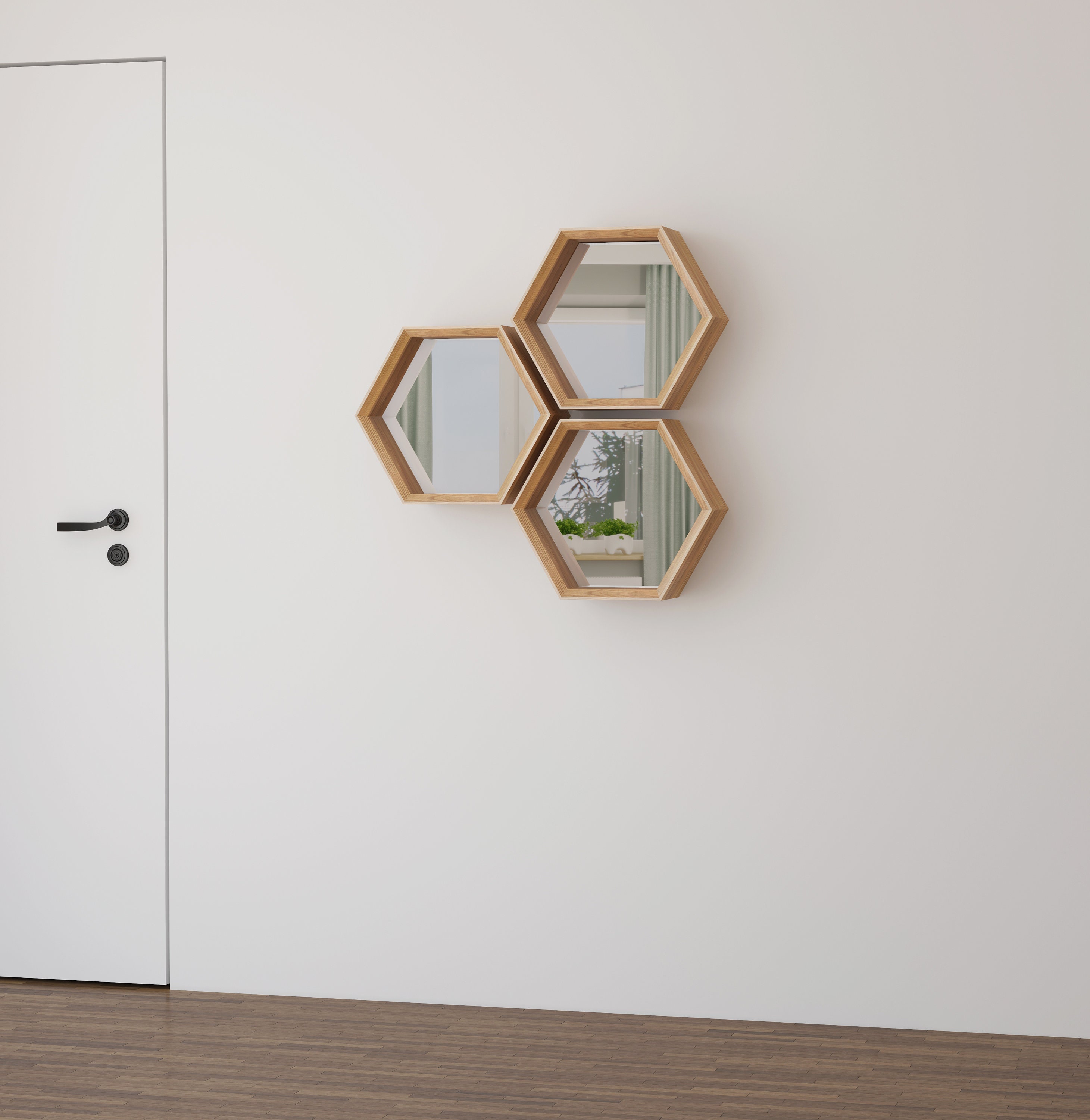 Hexagon Mirror Shelves, Oak, Honeycomb Mirror Wall Panels Glass ...