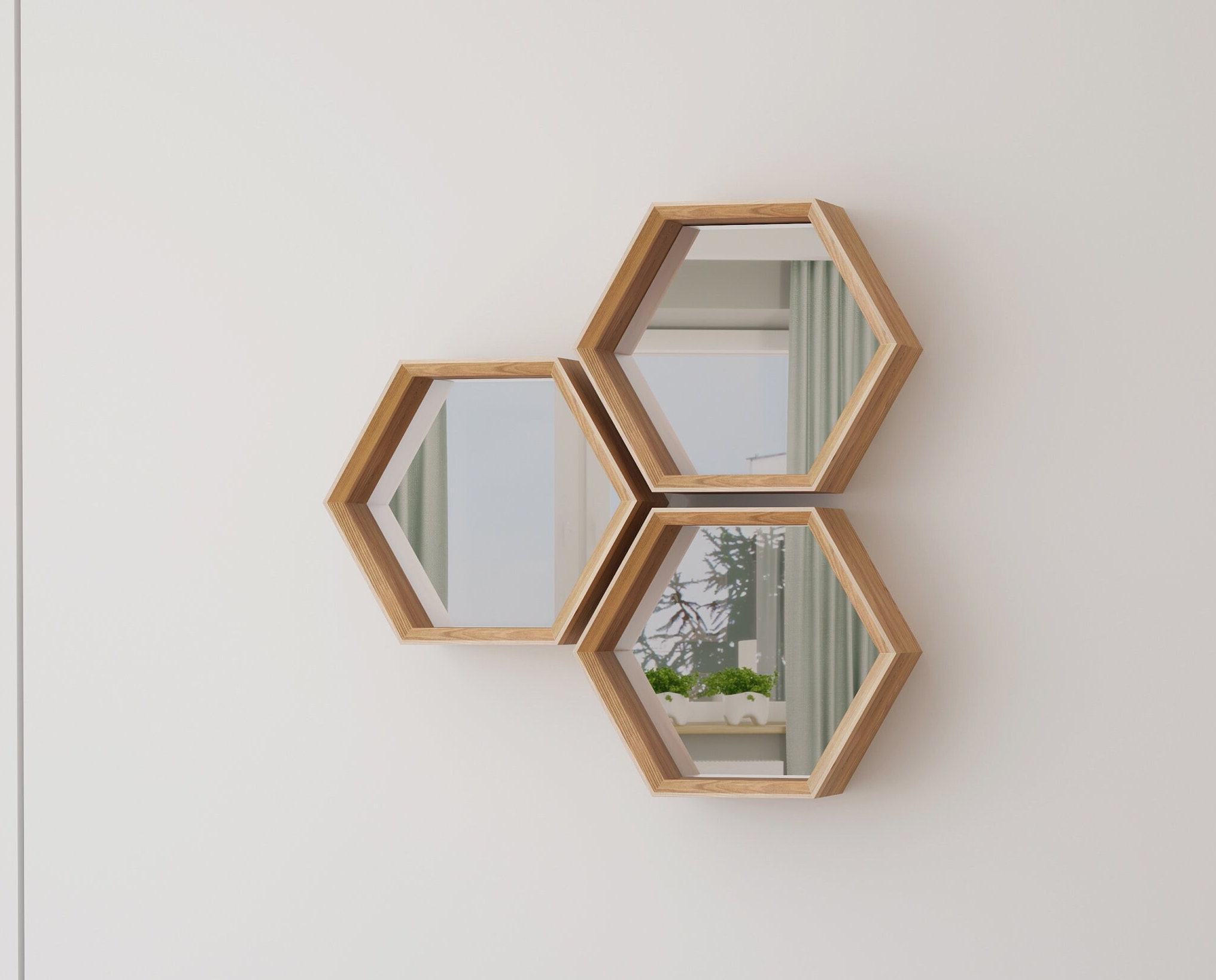 Hexagon Mirror Shelves, Oak, Honeycomb Mirror Wall Panels Glass ...
