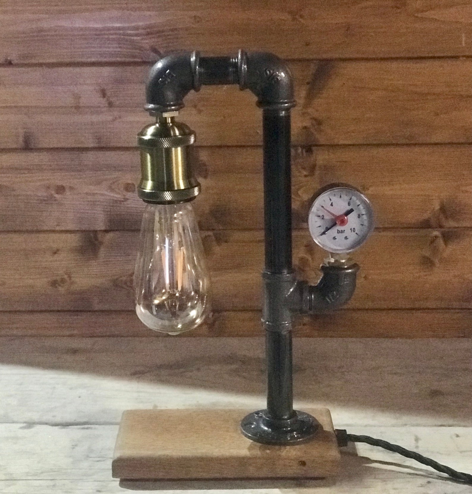 Industrial Table Lamp With Gauge, Bedside Lamp, Solid Oak Base ...