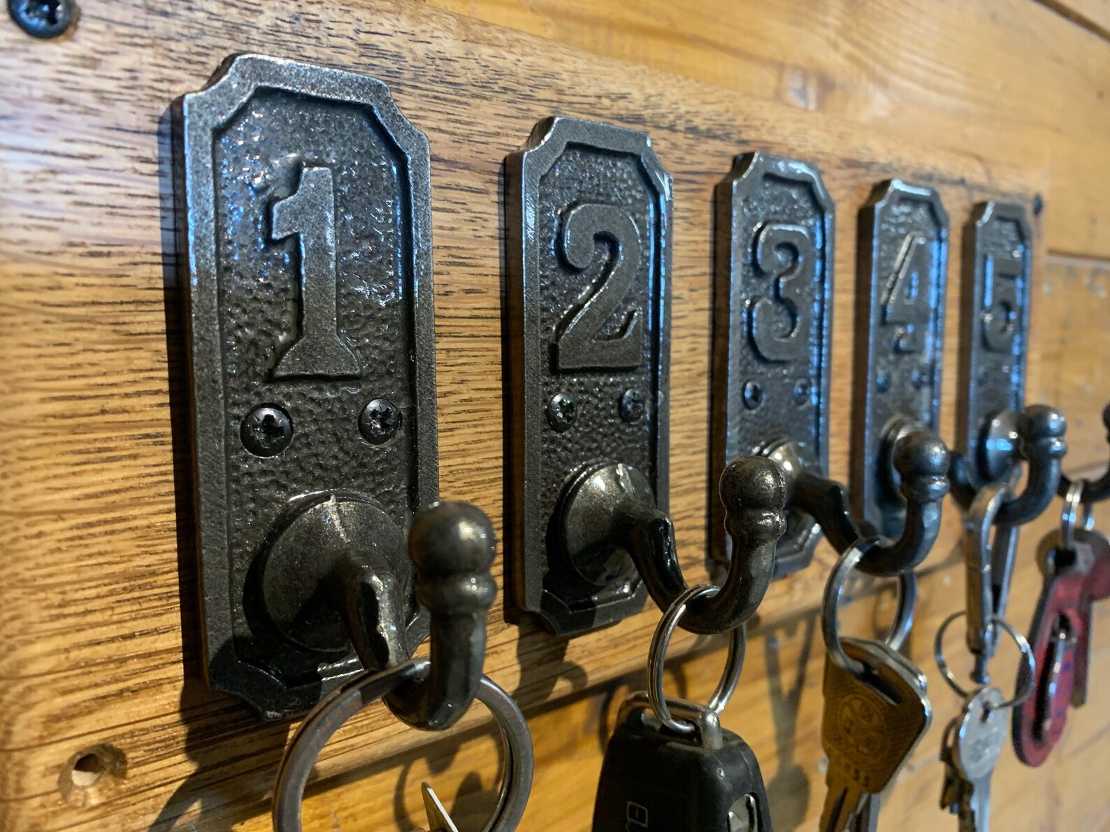 Numbered Industrial Key Holder, 5 Hook Design With Antique Oak ...