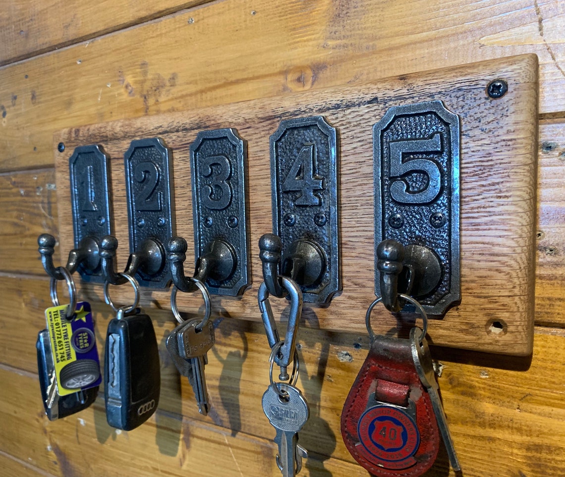 Numbered Industrial Key Holder, 5 Hook Design With Antique Oak ...
