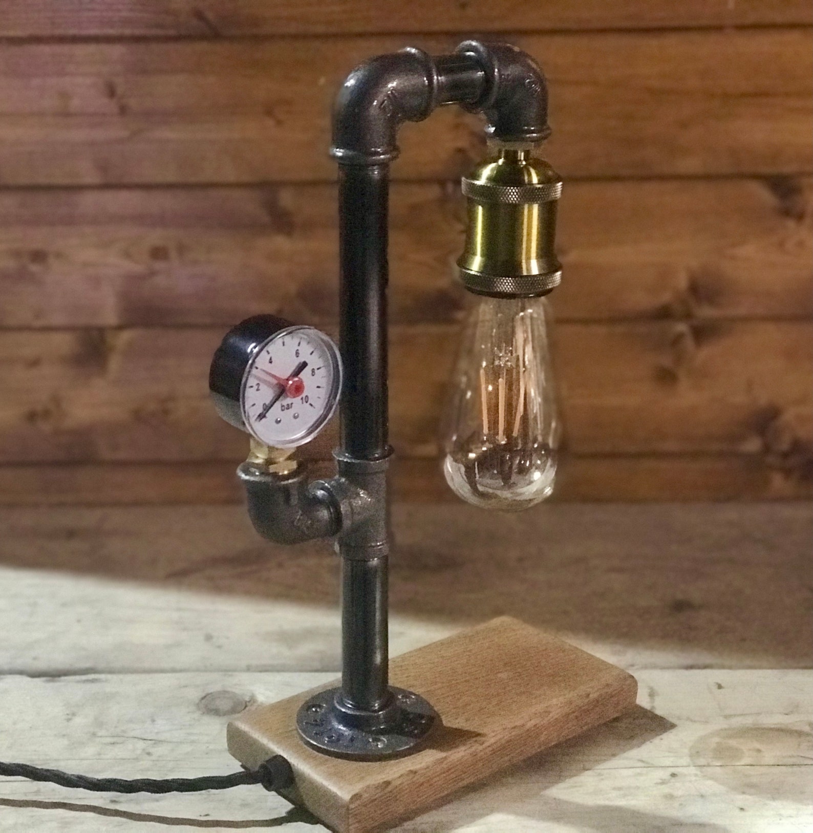 Industrial Table Lamp With Gauge, Bedside Lamp, Solid Oak Base ...