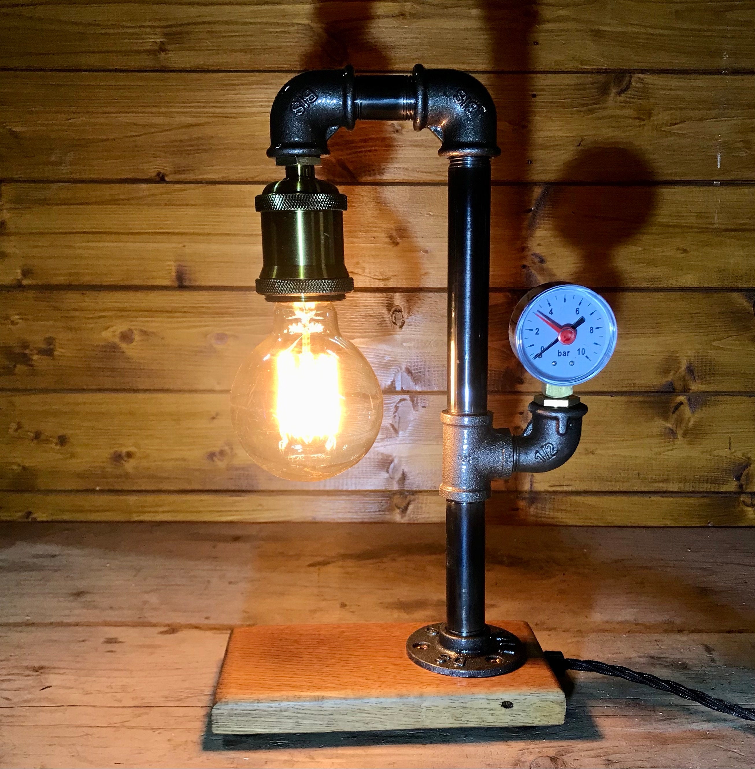 Industrial Table Lamp With Gauge, Bedside Lamp, Solid Oak Base ...