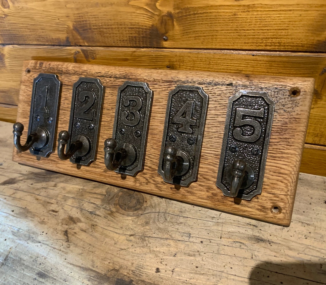 Numbered Industrial Key Holder, 5 Hook Design With Antique Oak ...