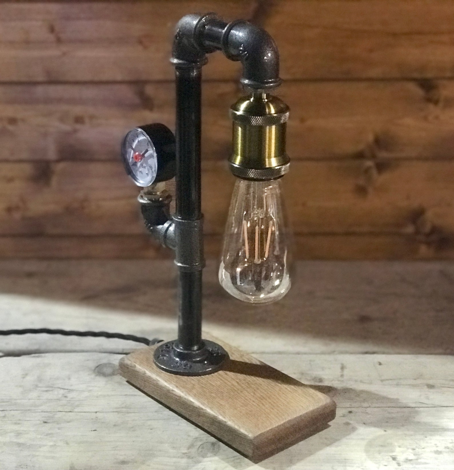 Industrial Table Lamp With Gauge, Bedside Lamp, Solid Oak Base ...