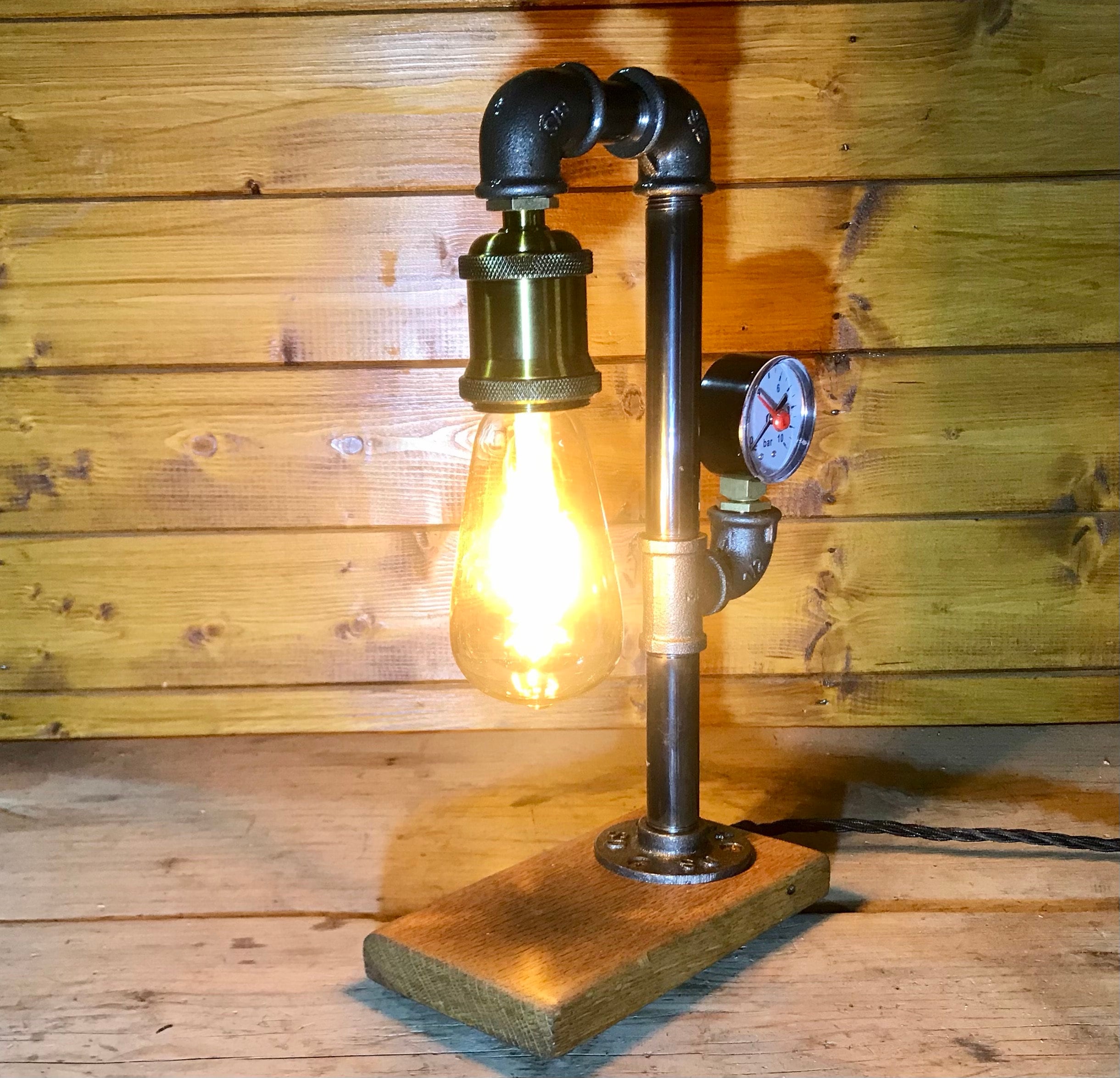Industrial Table Lamp With Gauge, Bedside Lamp, Solid Oak Base ...