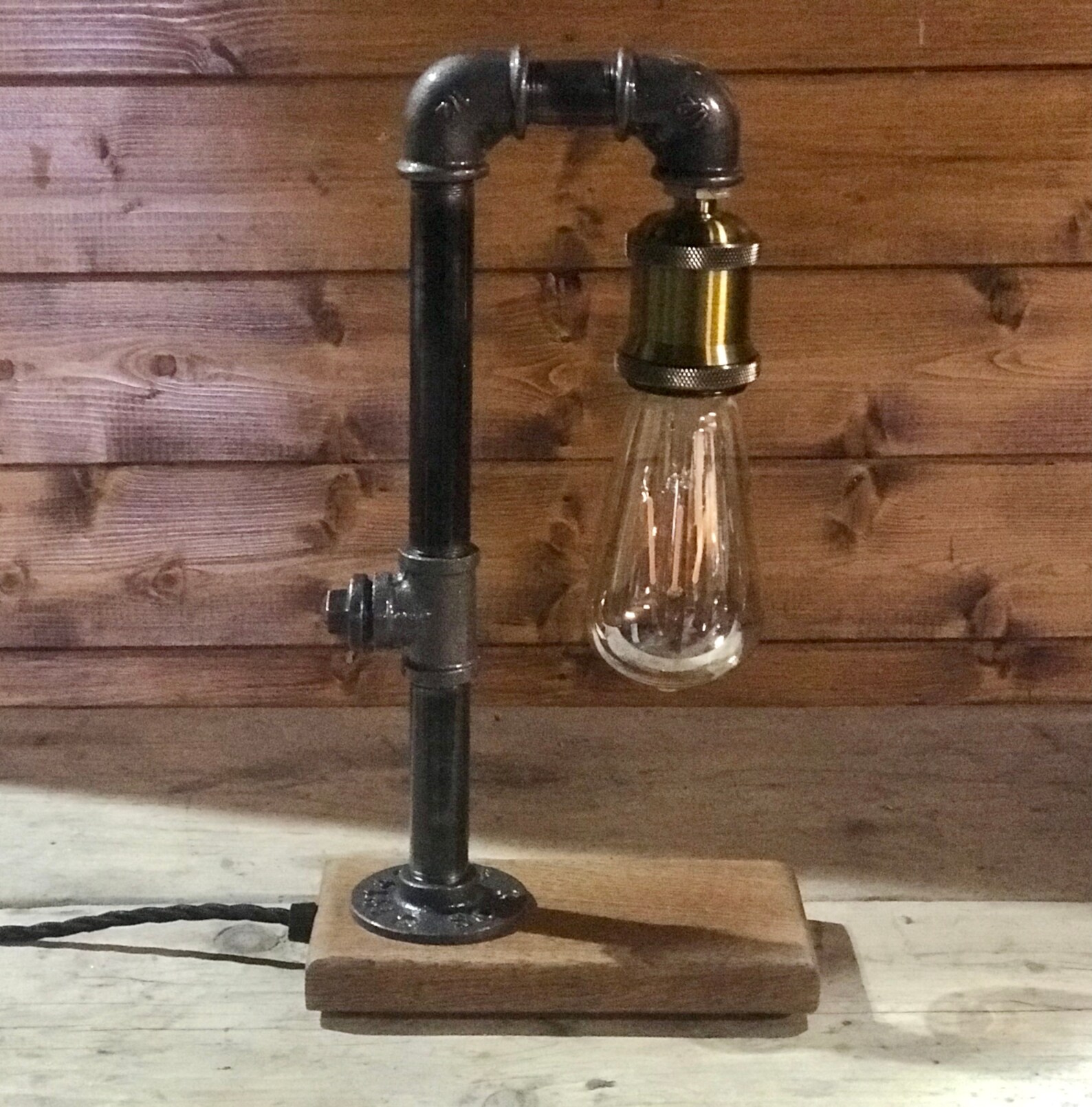 Industrial Table Lamp Bedside Lamp Solid Oak Base Upcycled | Etsy UK