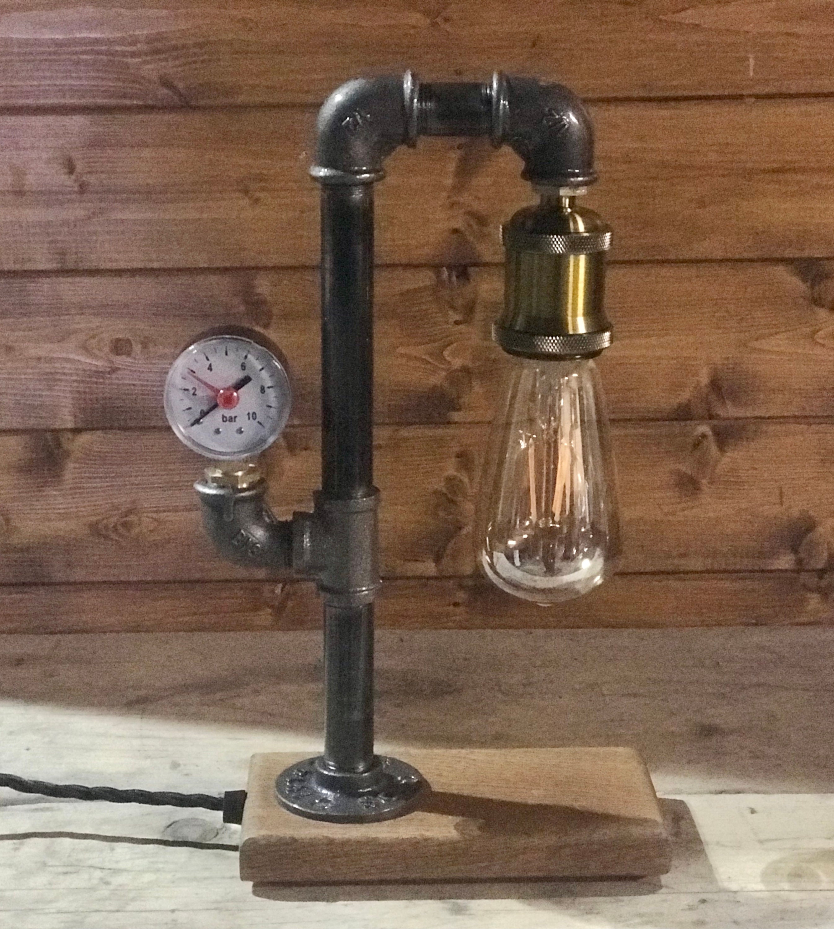 Industrial Table Lamp With Gauge, Bedside Lamp, Solid Oak Base ...