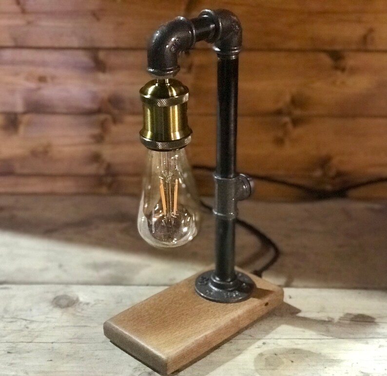 Industrial Table Lamp Bedside Lamp Solid Oak Base Upcycled | Etsy UK