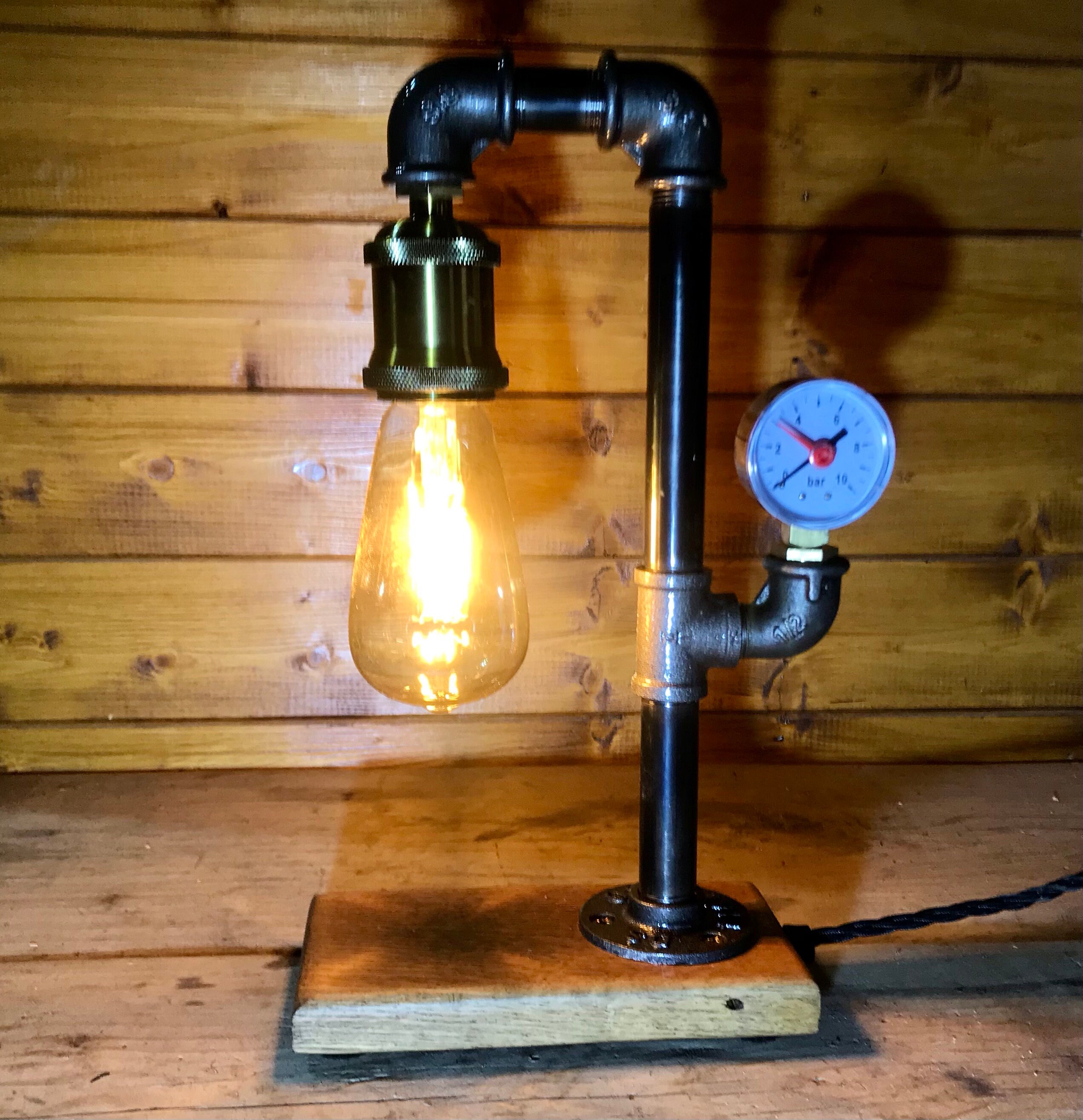 Industrial Table Lamp With Gauge, Bedside Lamp, Solid Oak Base ...