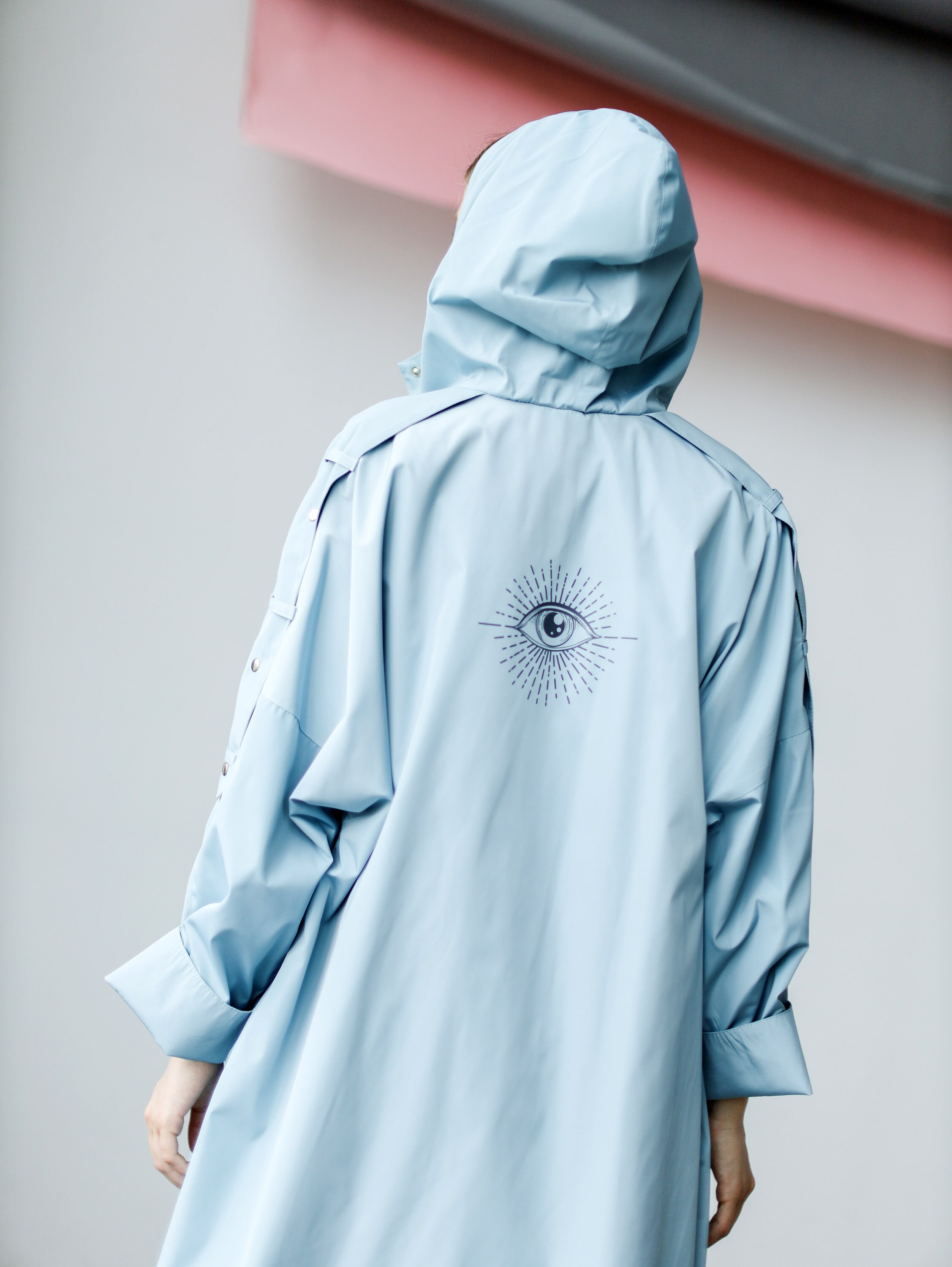 Blue Midi Raincoat for Women, Hooded Spring/autumn Trench, Slow Fashion ...