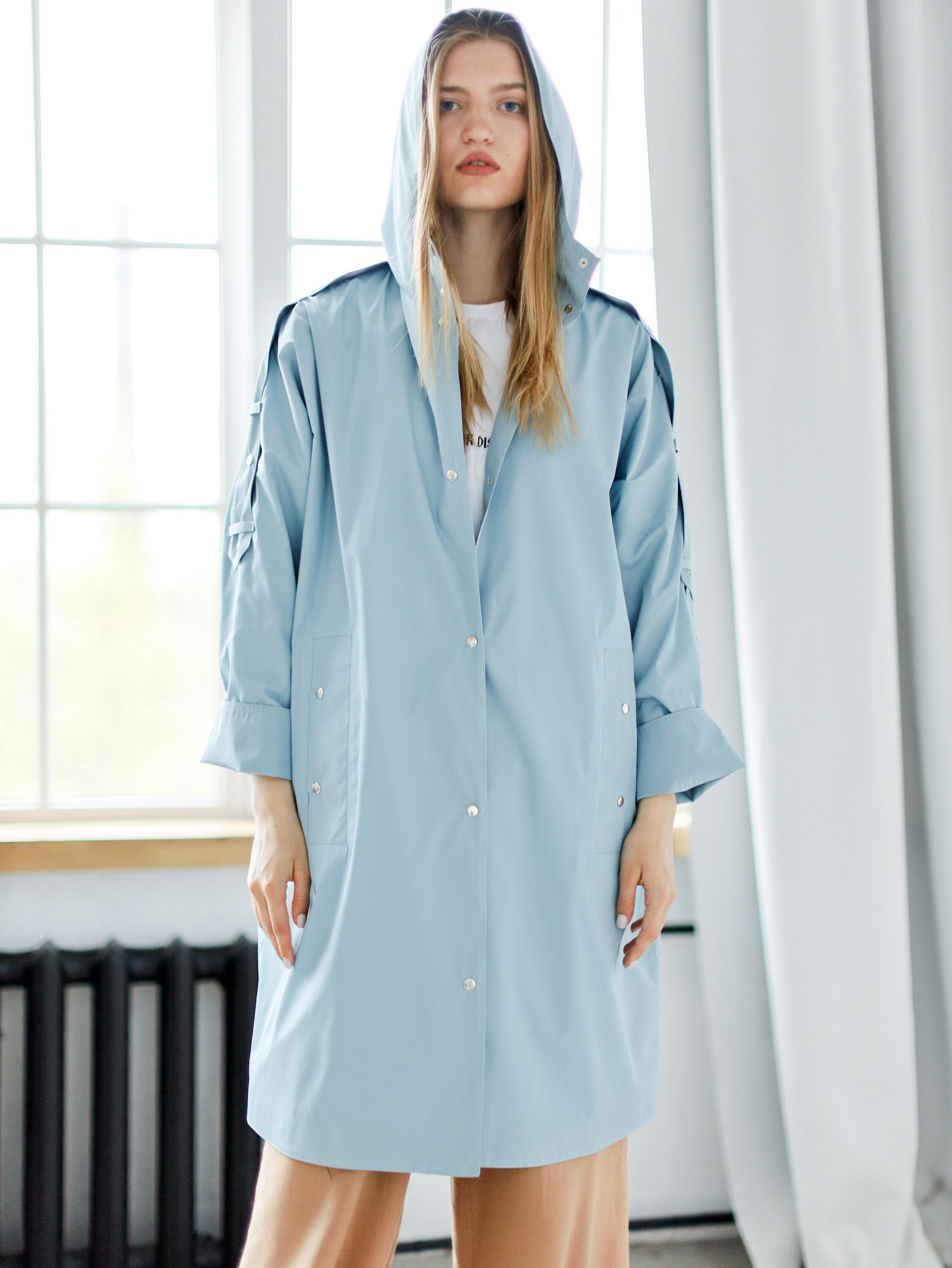 Blue Midi Raincoat for Women, Hooded Spring/autumn Trench, Slow Fashion ...