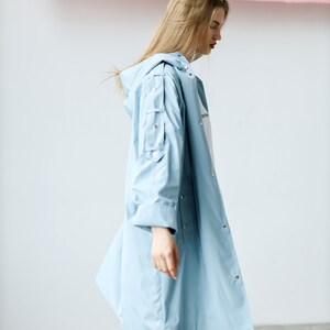 Blue Midi Raincoat for Women, Hooded Spring/autumn Trench, Slow Fashion ...