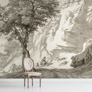 Mountain Trip Wall Mural, Old Landscape, Sepia Wallpaper, Self Adhesive ...