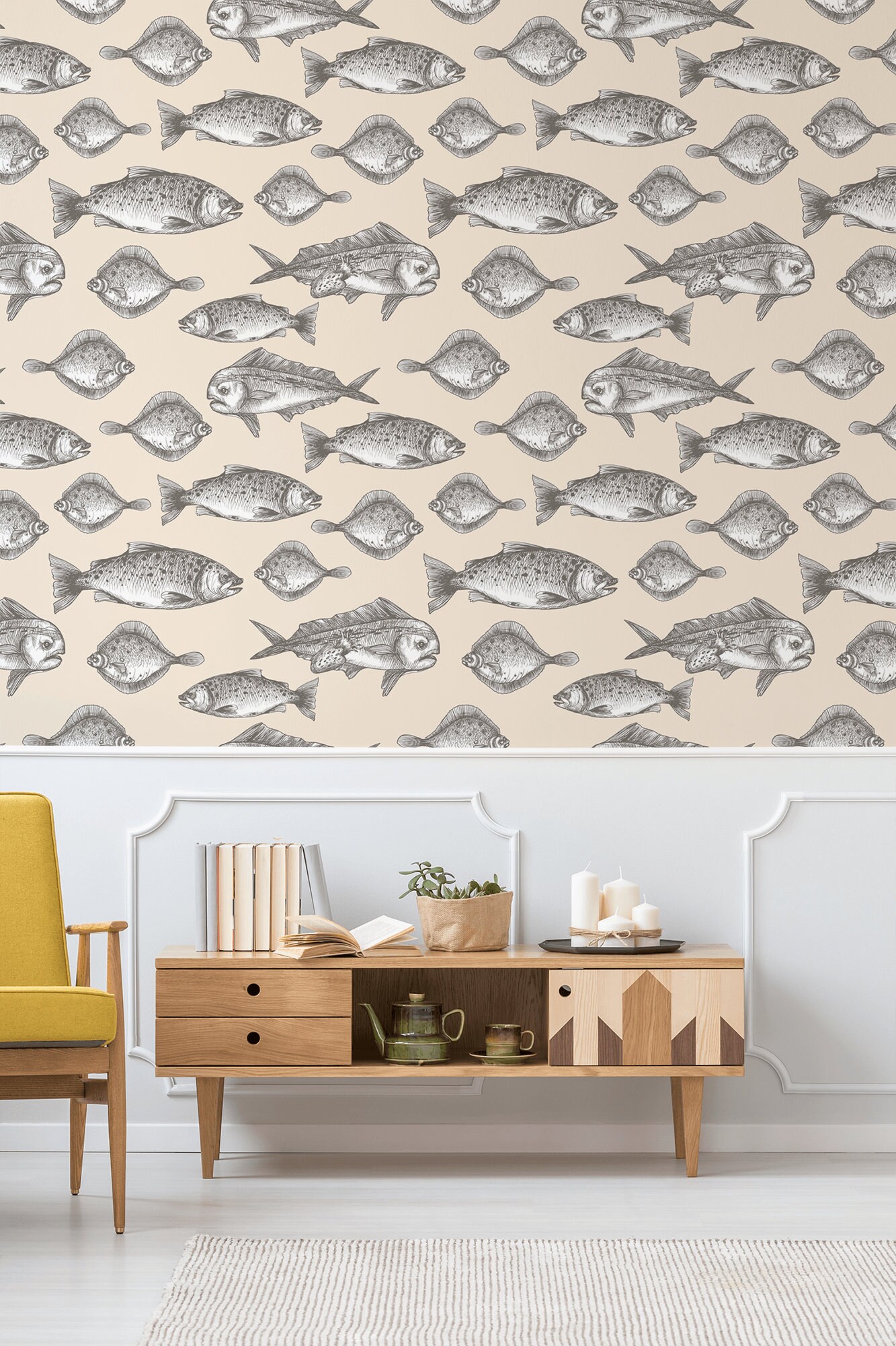 Fish Wallpaper With Hand Drawn Pattern Peel and Stick - Etsy
