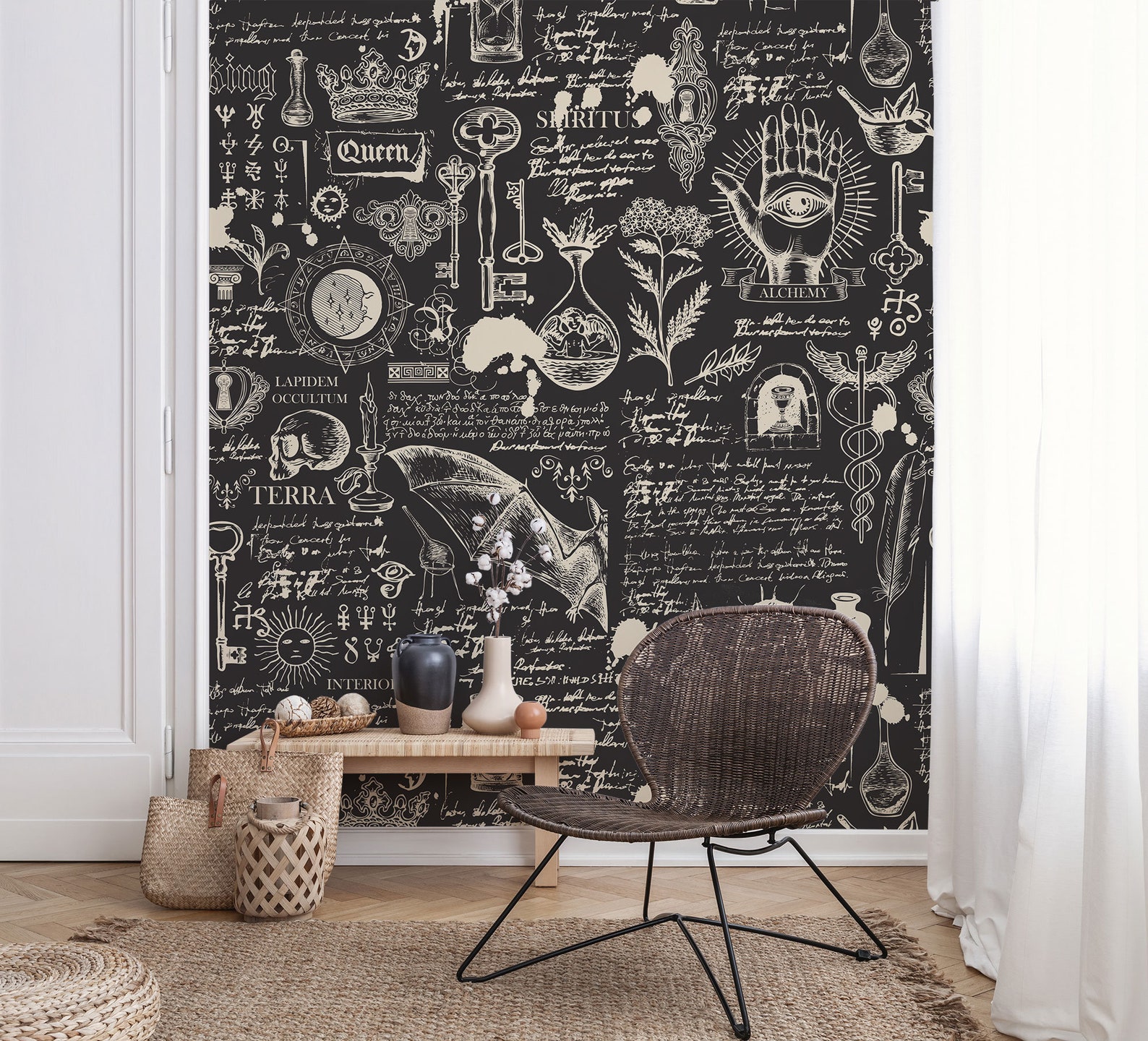 Vintage Wall Mural With Alchemy, Magic Pattern, Self Adhesive Wallpaper ...