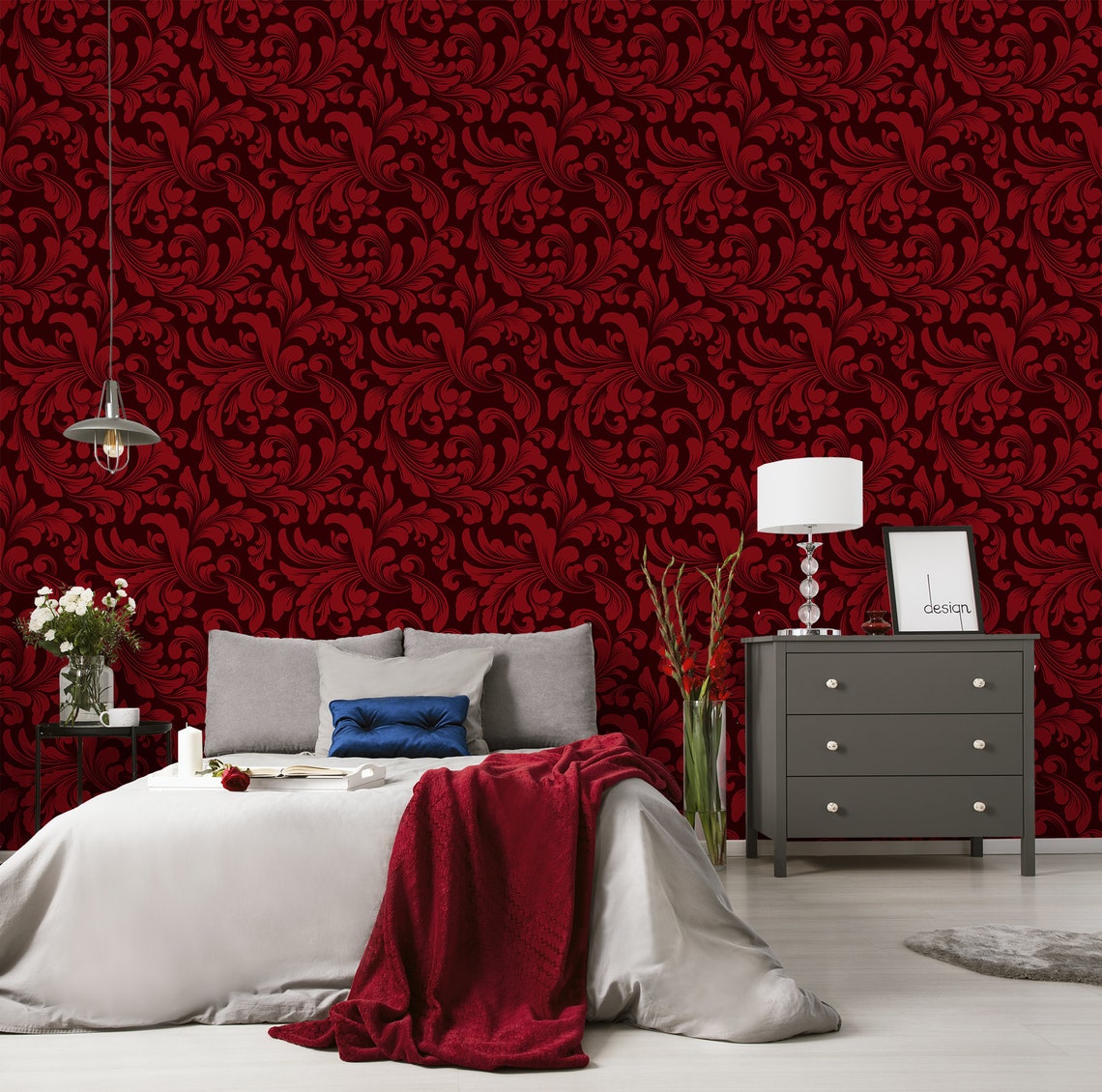 Vintage Red Wallpaper With Damask Pattern Peel and Stick Wall - Etsy