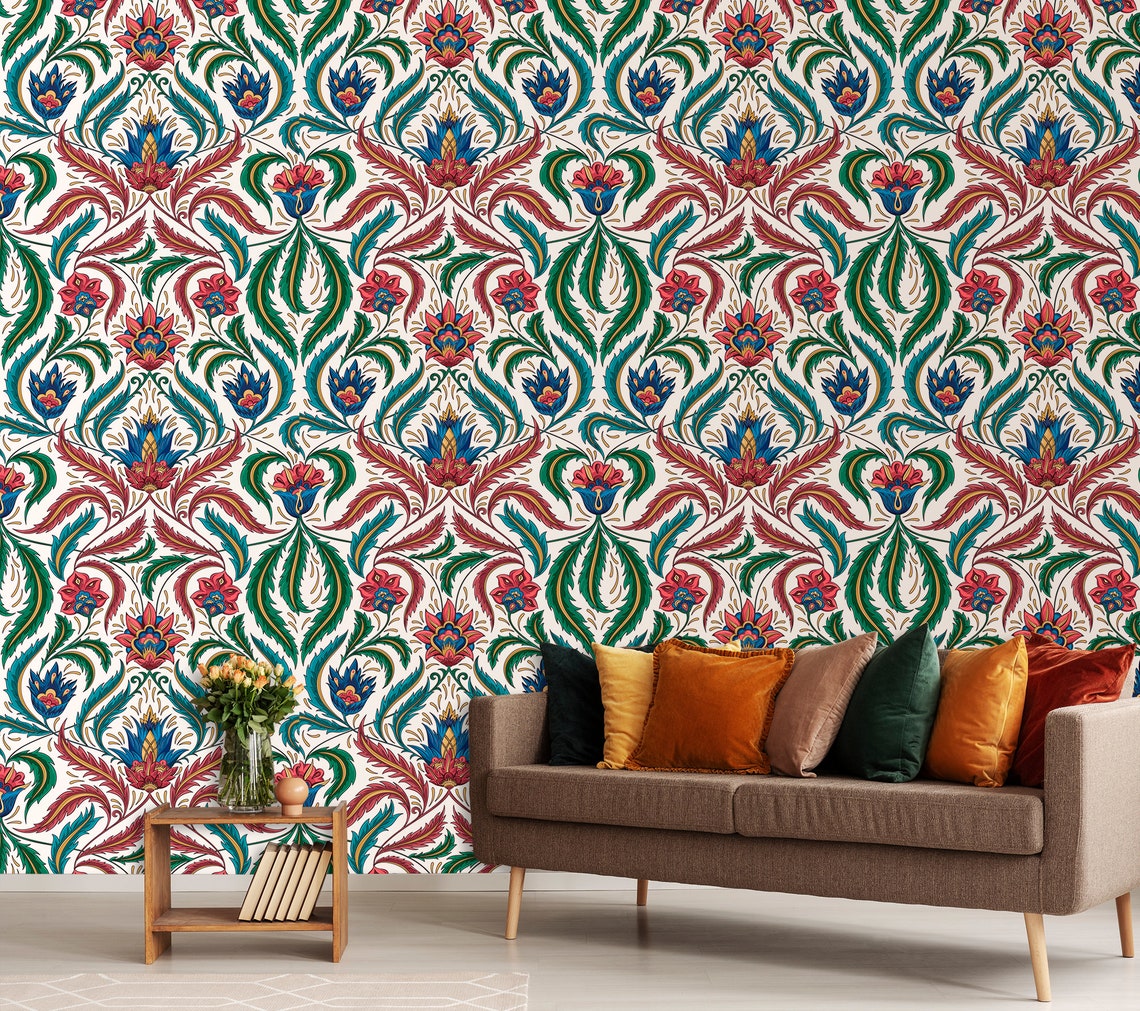 Folk Wallpaper With Floral Pattern, Peel and Stick Vintage Wall Mural ...