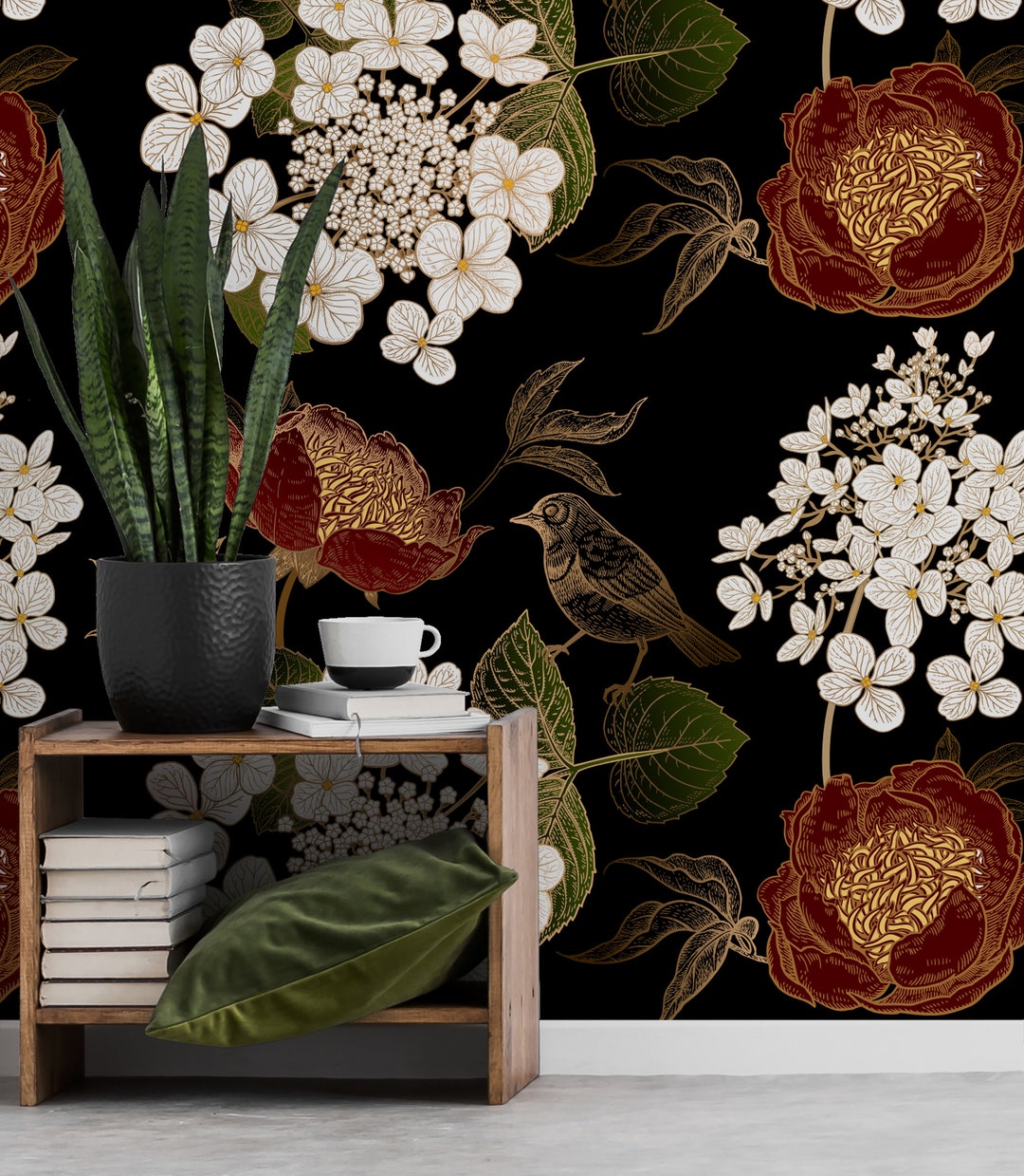 Hydrangea Flowers & Birds Walpaper, Self Adhesive Retro Wall Mural ...