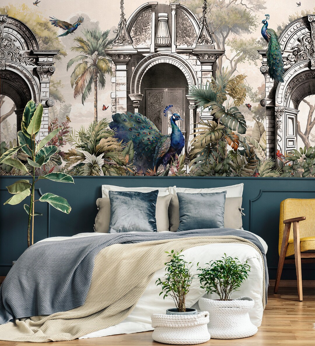 Ancient Garden With Peacock Wall Mural, Bird Wallpaper, Palm Trees ...