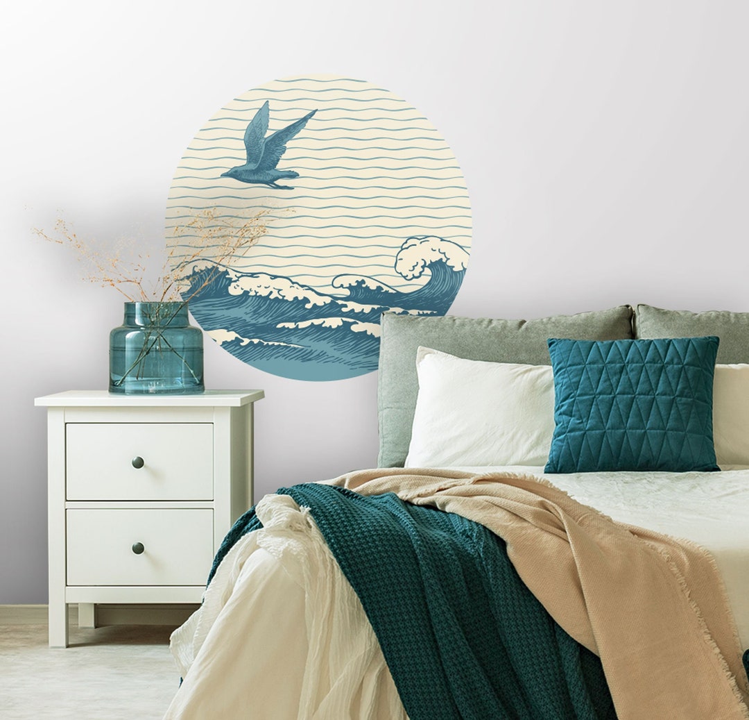 Retro Style Wall Sticker, Waves, Seagulls and Sun, Self Adhesive Wall ...
