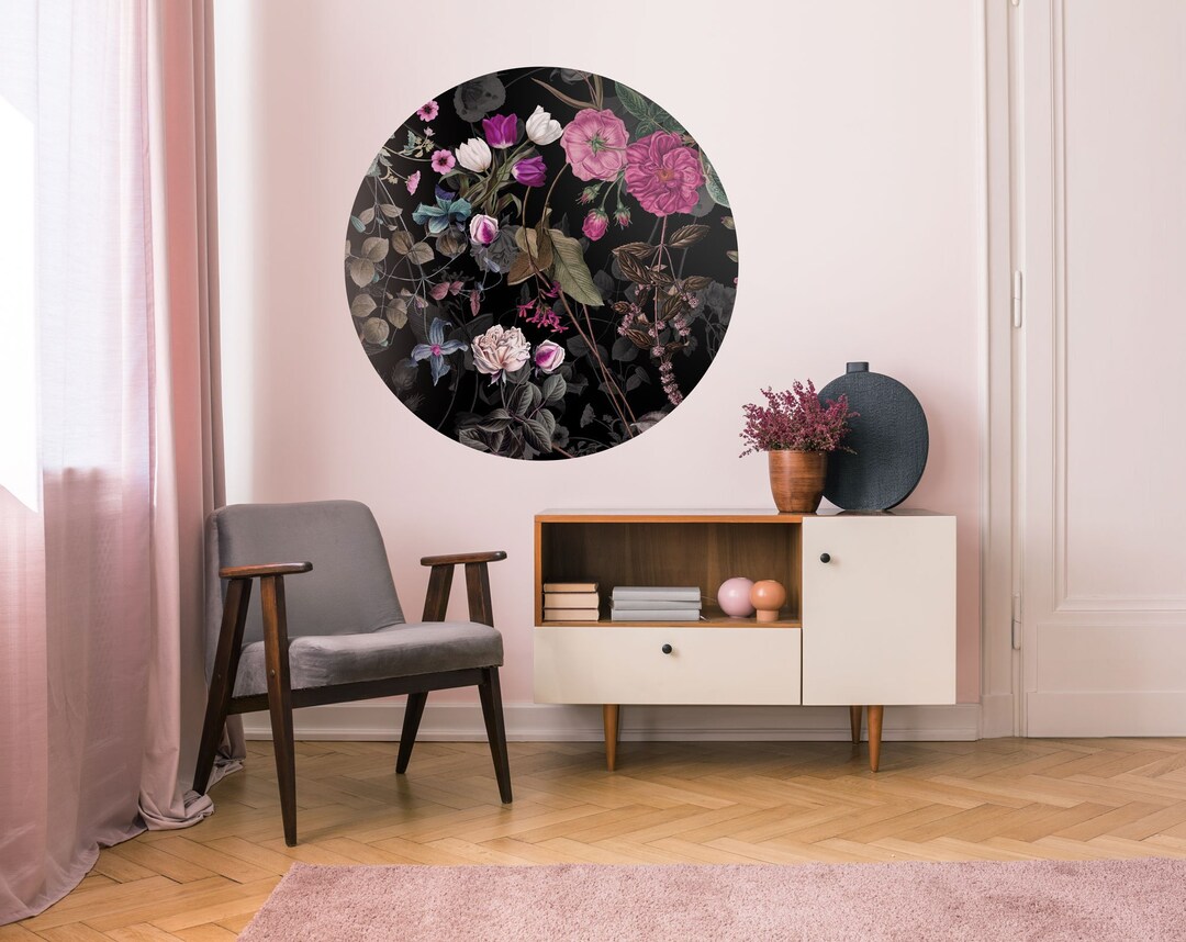 Dark Floral Circle Wall Sticker, Self Adhesive Wall Decal, Circle Decal ...