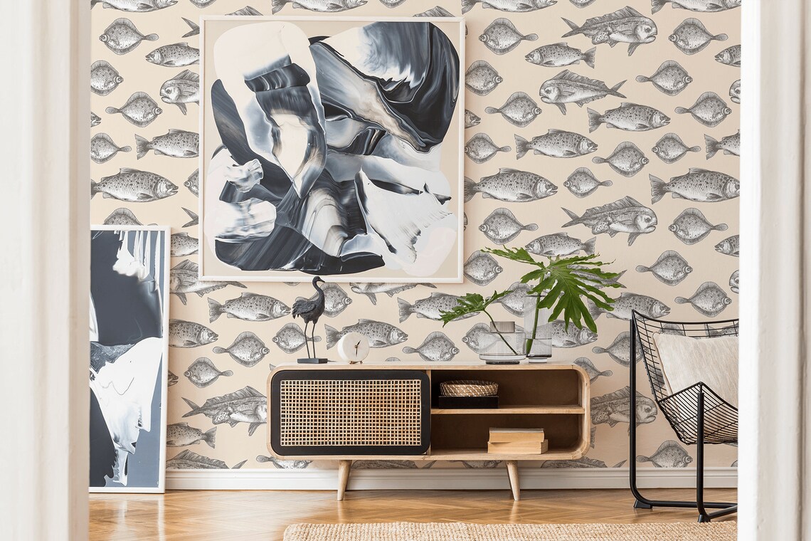 Fish Wallpaper With Hand Drawn Pattern Peel and Stick - Etsy