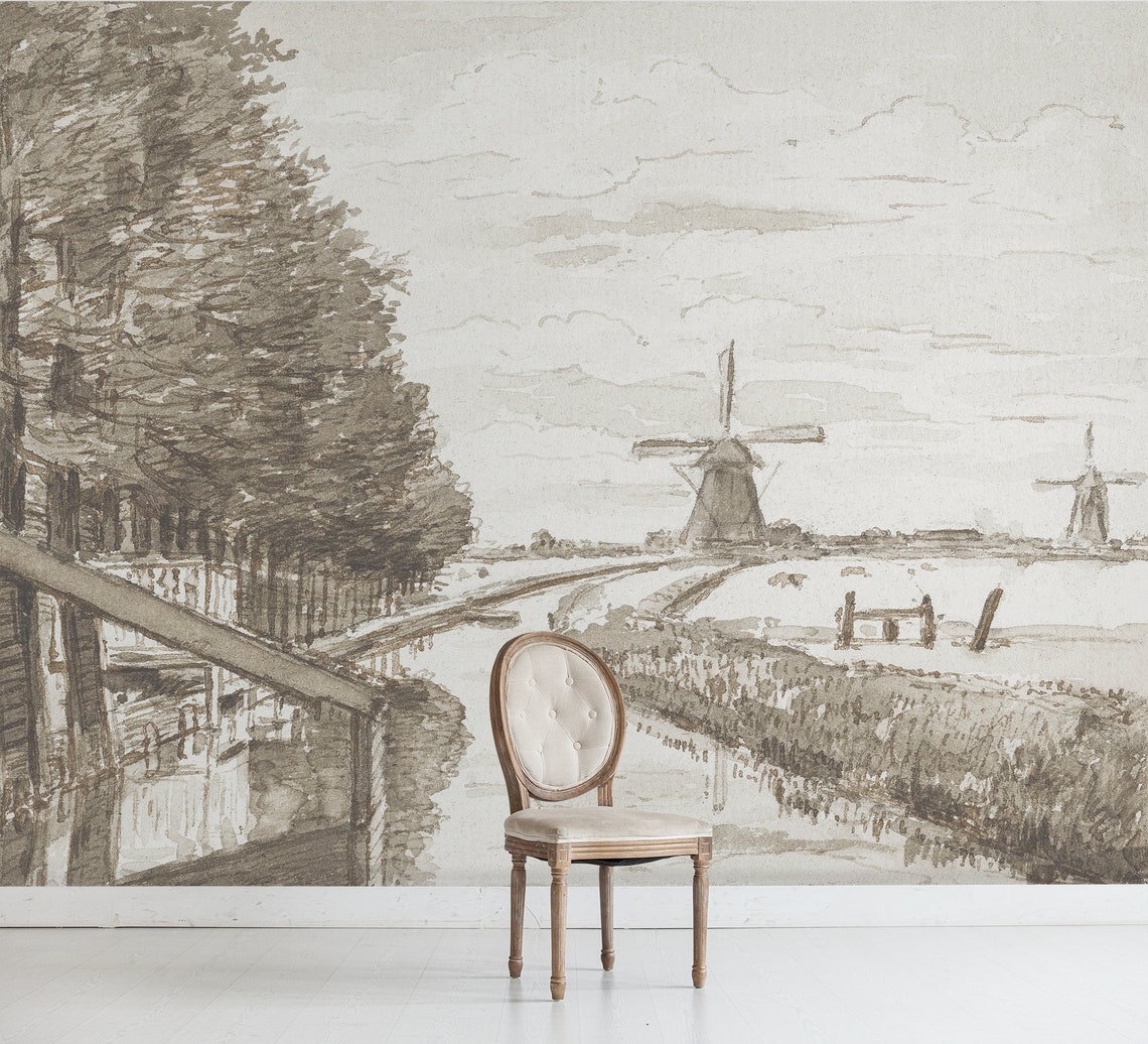 Countryside wall mural peel and stick wallpaper vintage art | Etsy