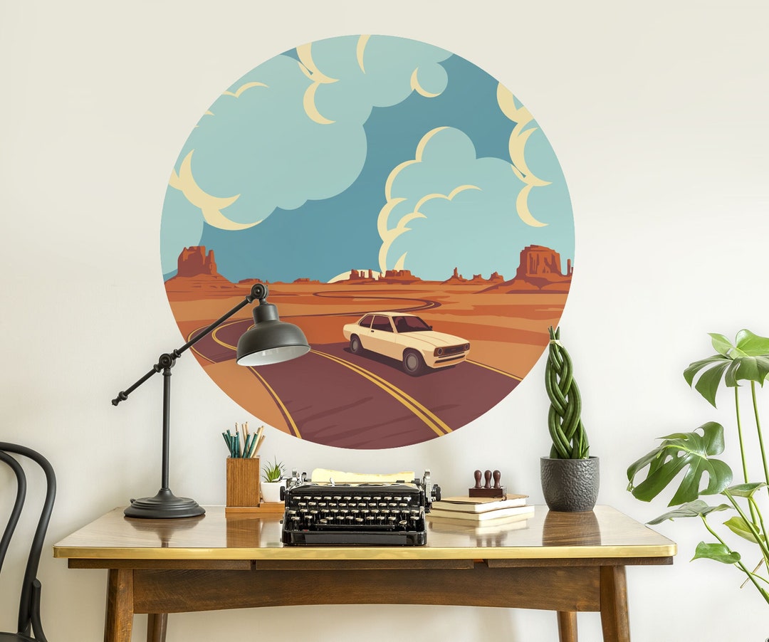 Retro Car on Desert Circle Wall Sticker, Self Adhesive Wall Decal ...