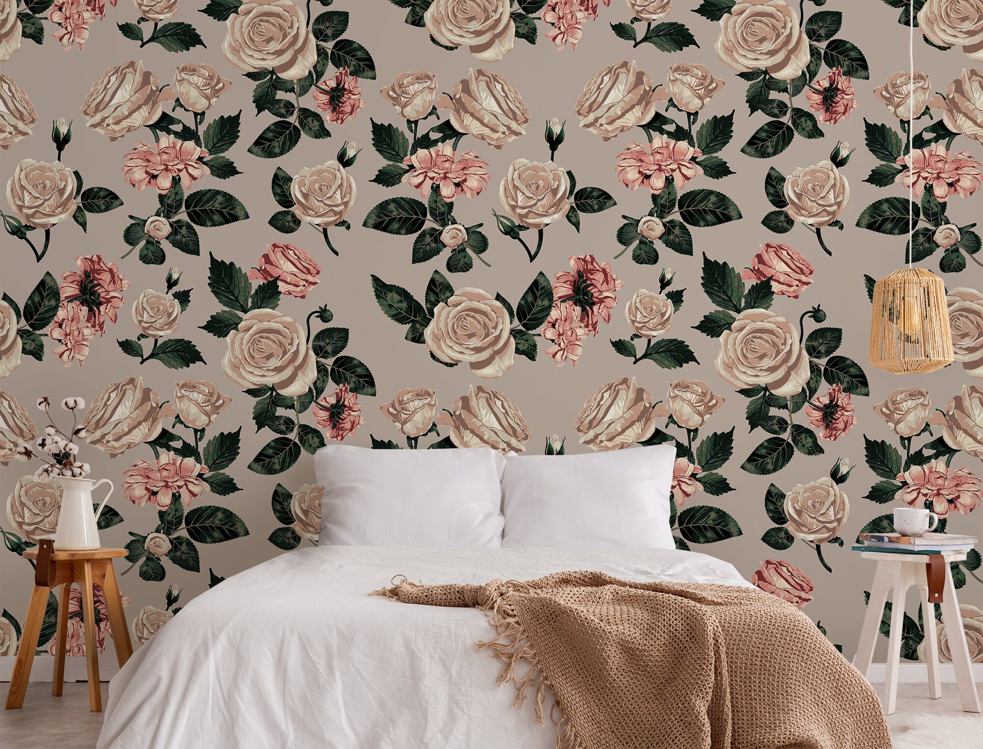 Vintage Wallpaper With Blush Rustic Flowers Peel and Stick | Etsy
