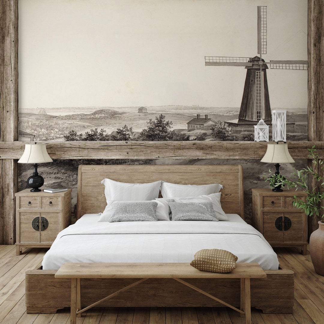 Vintage Landscape With a Windmill, Rural Scenic Wall Mural, Peel and ...