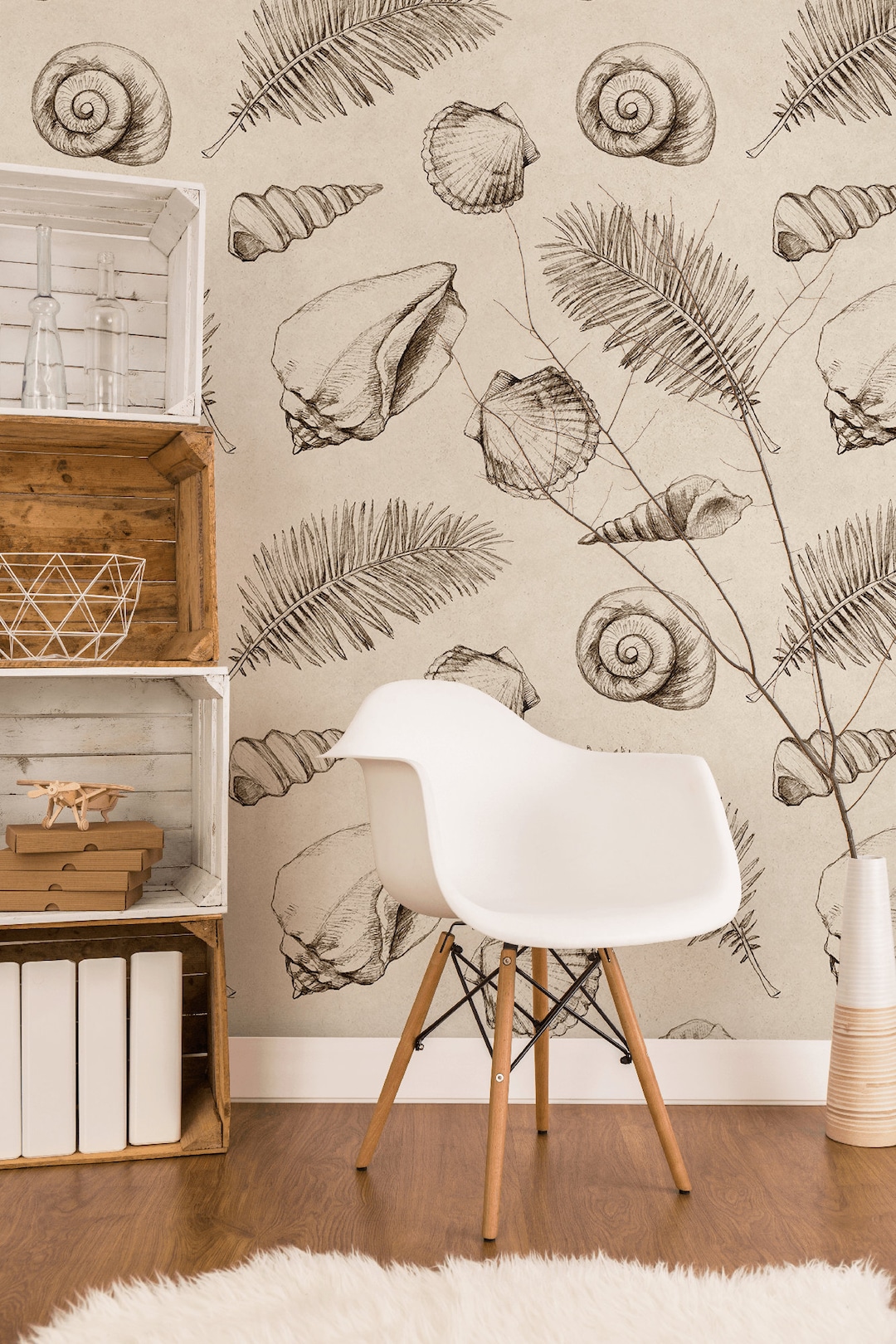 Vintage Wallpaper With Shells, Peel and Stick Wall Mural, Drawing ...