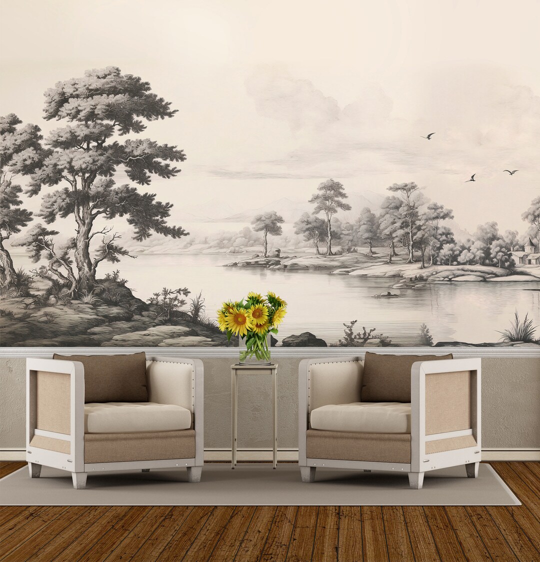 Vintage Landscape Wallpaper With Forest, Vintage Art Wallpaper, Self ...