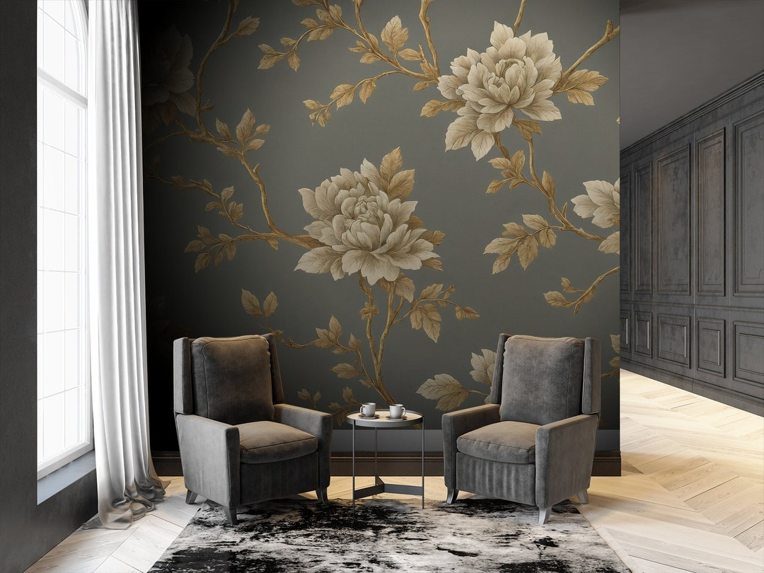 Dark Floral Wallpaper, Vinatge Botanical Wallpaper, Custom Wallpaper ...