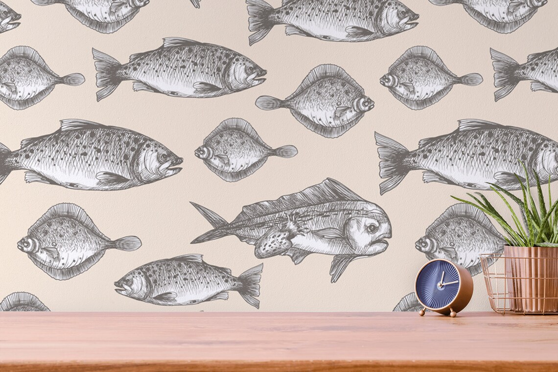 Fish Wallpaper With Hand Drawn Pattern Peel and Stick - Etsy