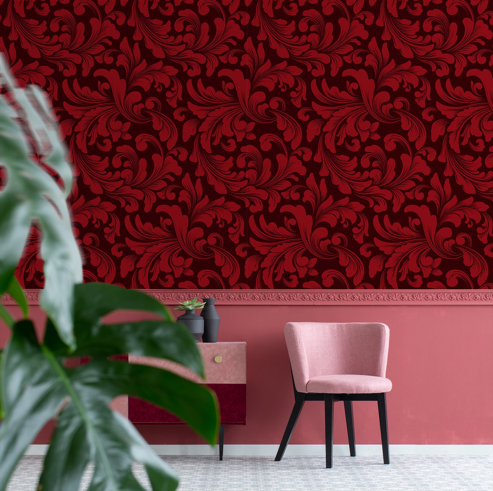 Vintage red wallpaper with damask pattern peel and stick wall | Etsy