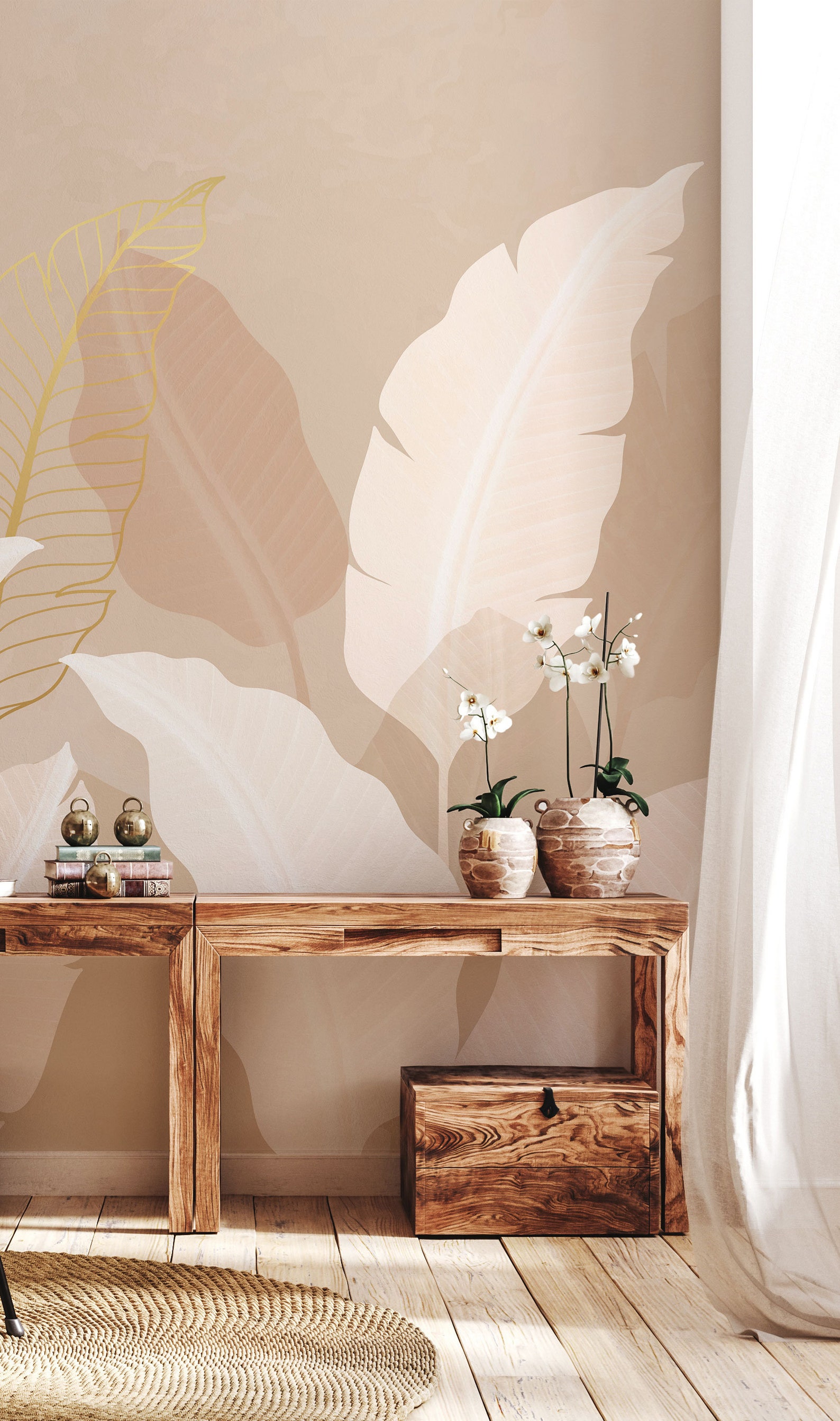Beige Leaves Wall Mural Self Adhesive Wallpaper Linature - Etsy