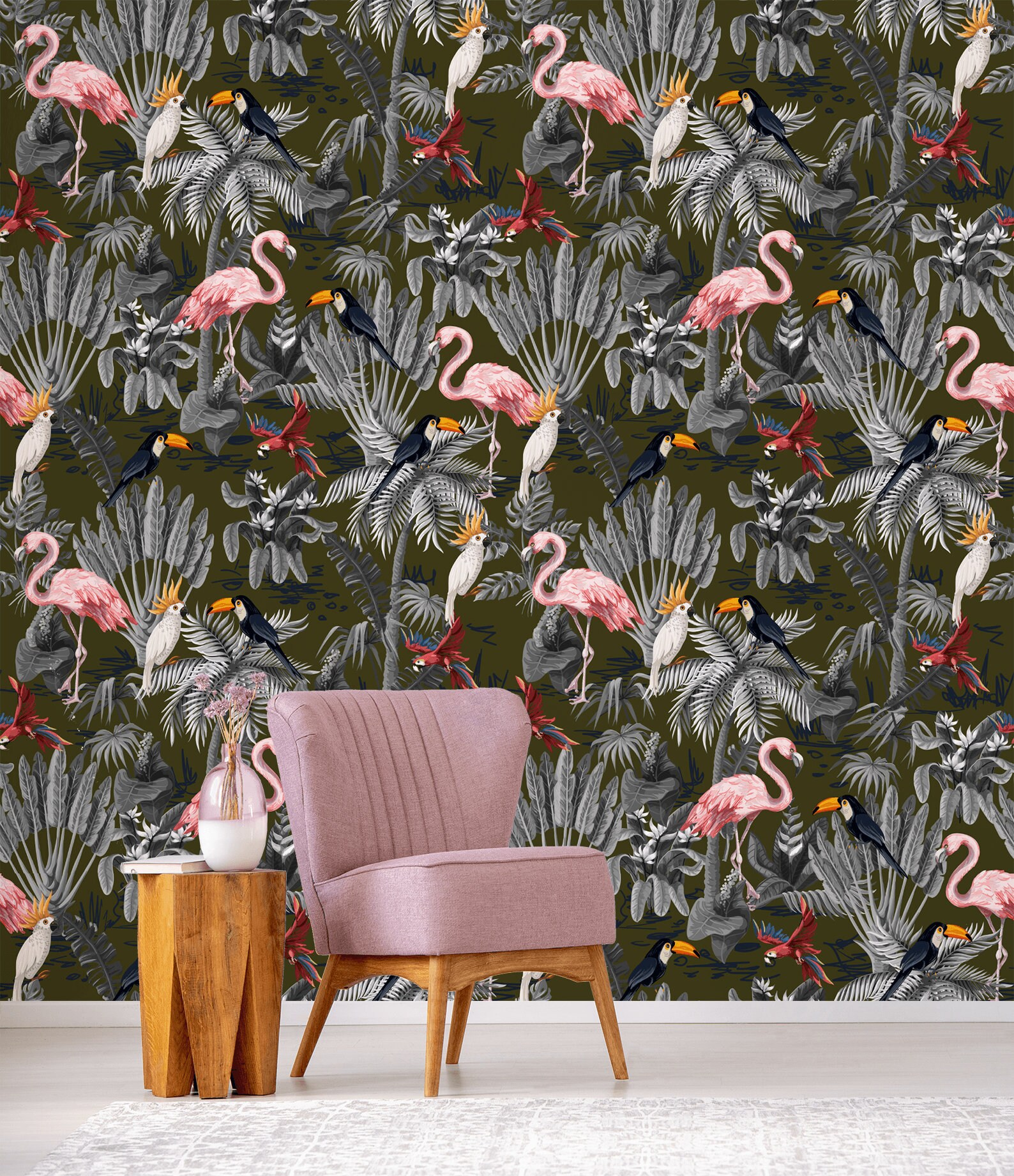 Flamingo Wallpaper With Tropical Pattern Peel and Stick - Etsy