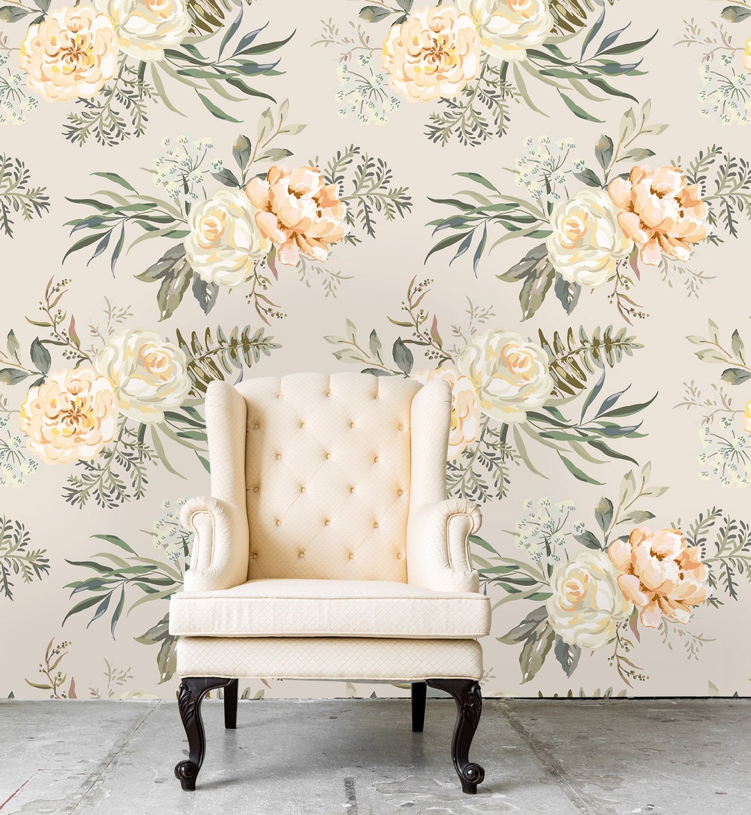 Romantic Rose Wallpaper, Wall Mural, Vintage Wallpaper, Floral Pattern ...