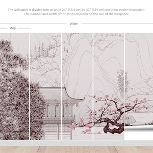 Japanese Landscape Wallpaper, Vintage Wall Mural, Line Art, Self ...