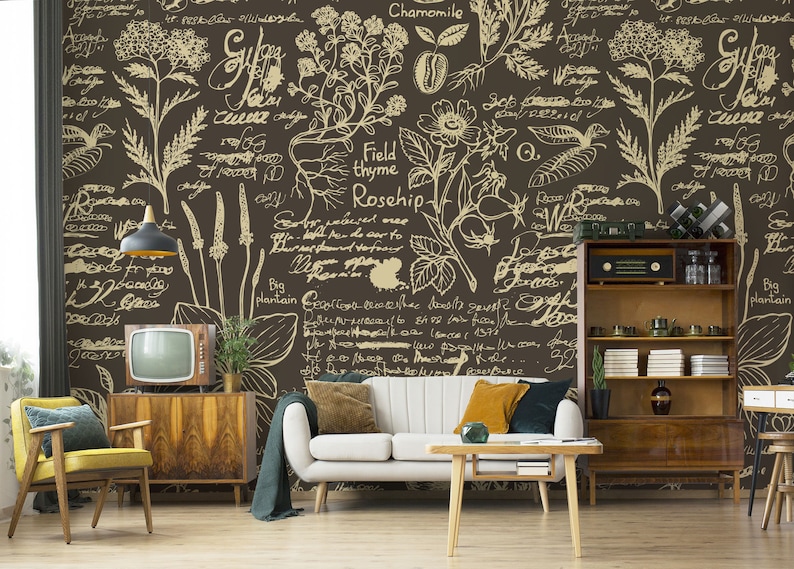 Retro Wallpaper With Handwritten Inscriptions Herbal - Etsy